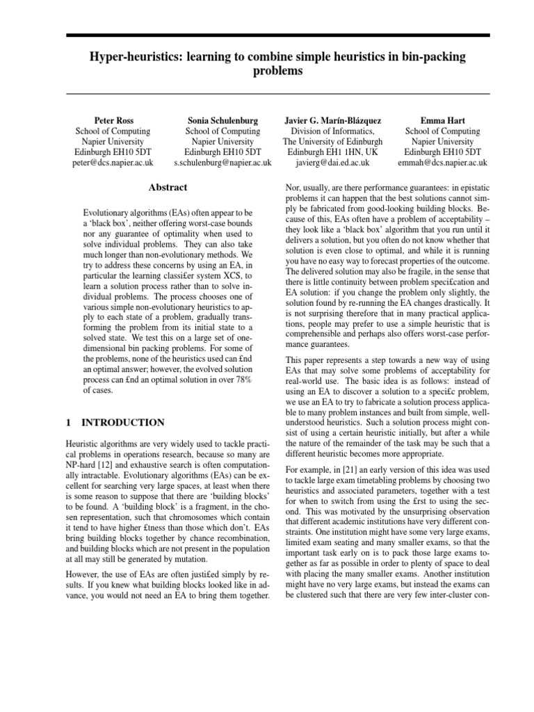 Hyper-Heuristics: Learning To Combine Simple Heuristics in Bin-Packing Problems | PDF ...