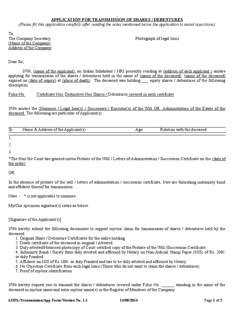 Application For Transmission of Shares / Debentures | PDF | Notary ...