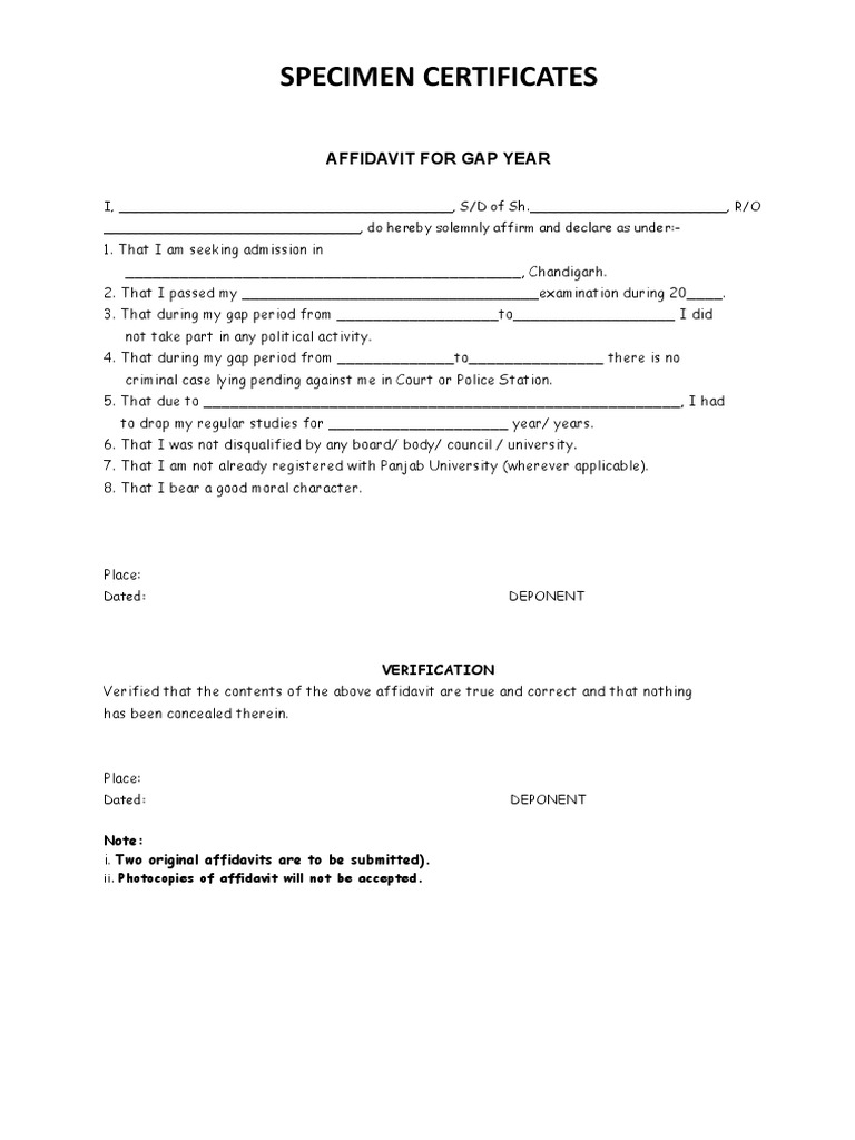 Specimen Certificates: Affidavit For Gap Year | PDF | Affidavit ...