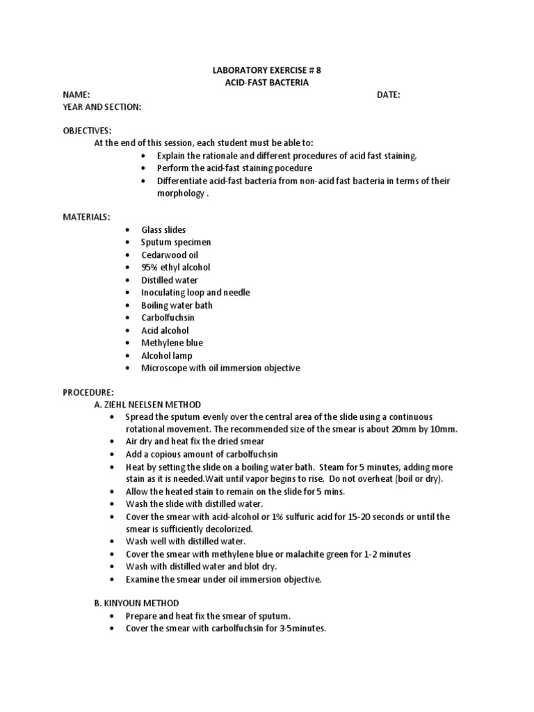 Laboratory Exercise # 8 Acid-Fast Bacteria | PDF | Staining | Microscopy