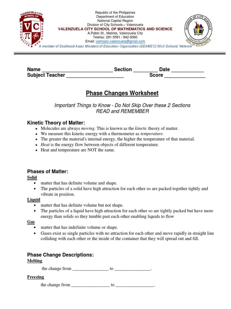 Phase Change Worksheet PDF | Download Free PDF | Phase (Matter ...