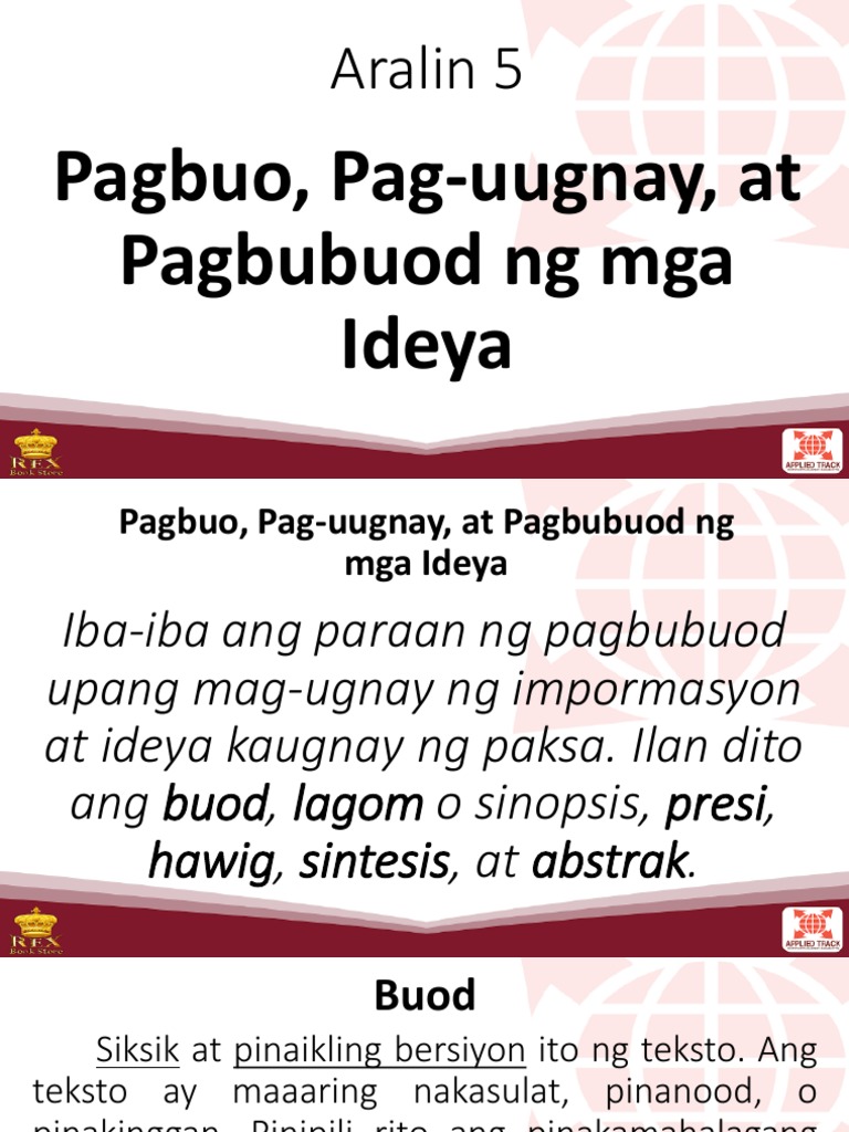 Aralin 5 Pagbuo Pag-Uugnay at Pagbubuod NG Mga Ideya Autosaved | PDF Aralin 5 Pagbuo Pag-Uugnay at Pagbubuod NG Mga Ideya Autosaved | PDF