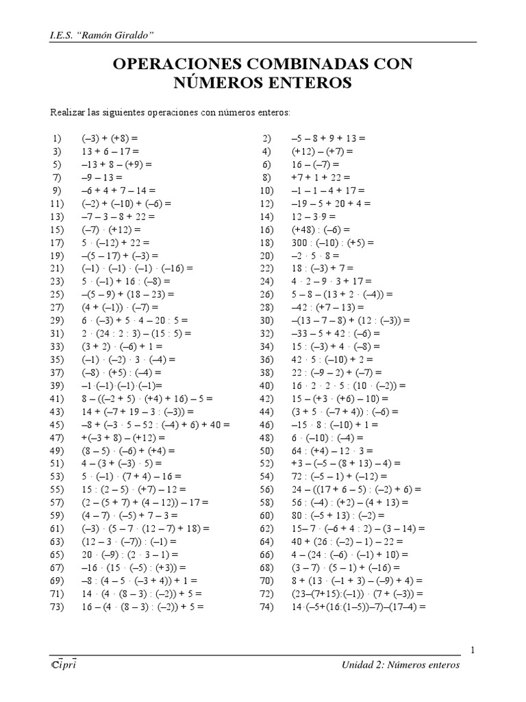 operaciones combinadas con números enteros 1 eso | PDF | División (Matemáticas) | Álgebra abstracta