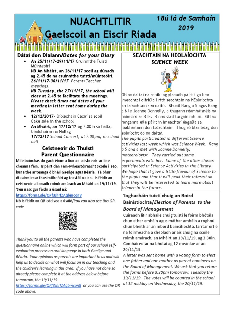 Nuachtlitir Gaelscoil An Eiscir Riada: 18ú Lá de Samhain 2019 | PDF