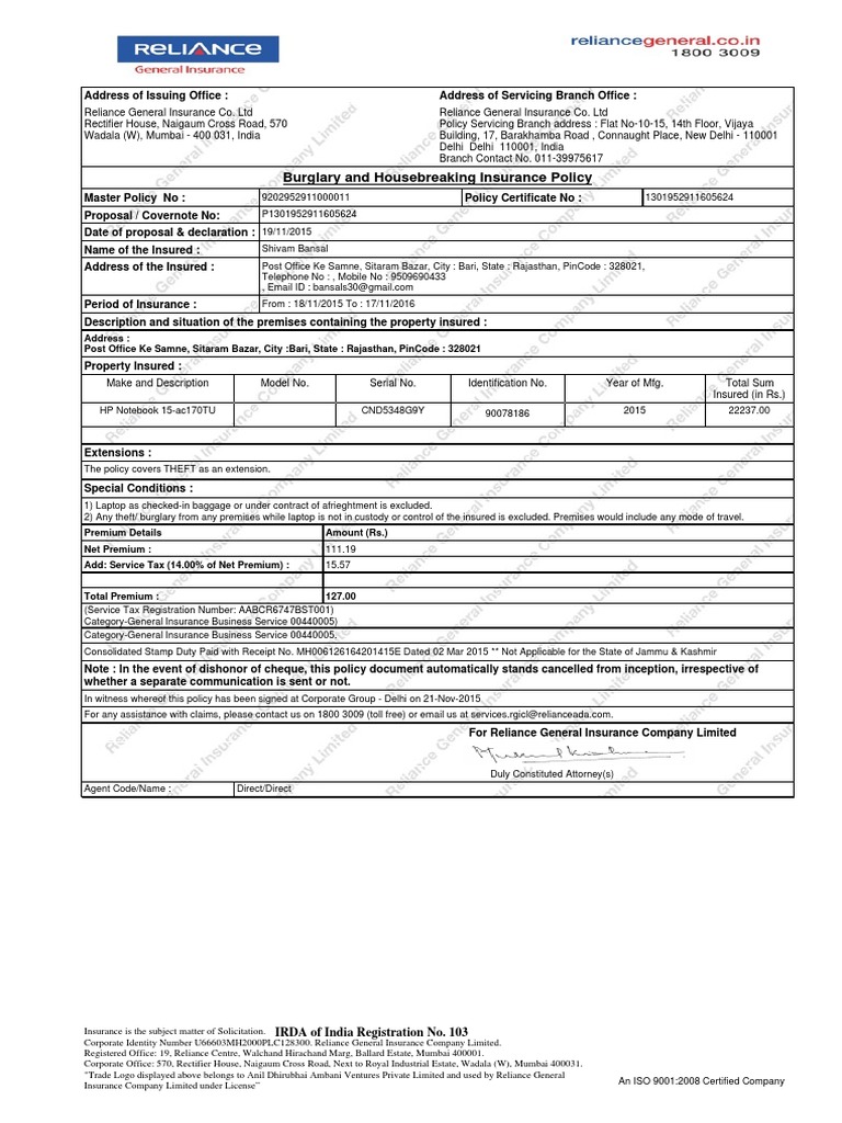 Burglary and Housebreaking Insurance Policy | PDF | Insurance | Government