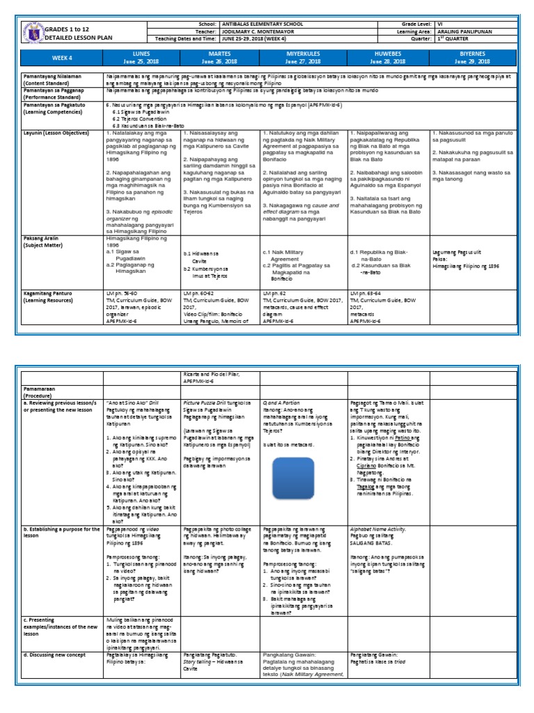 DLL Grade 6 q1 Week 4 June 25-29, 2018 All Subjects - Docx Version 1 | PDF