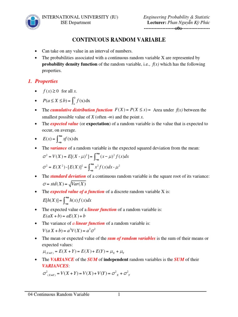 04 - Continuous Random Variable | PDF | Variance | Expected Value