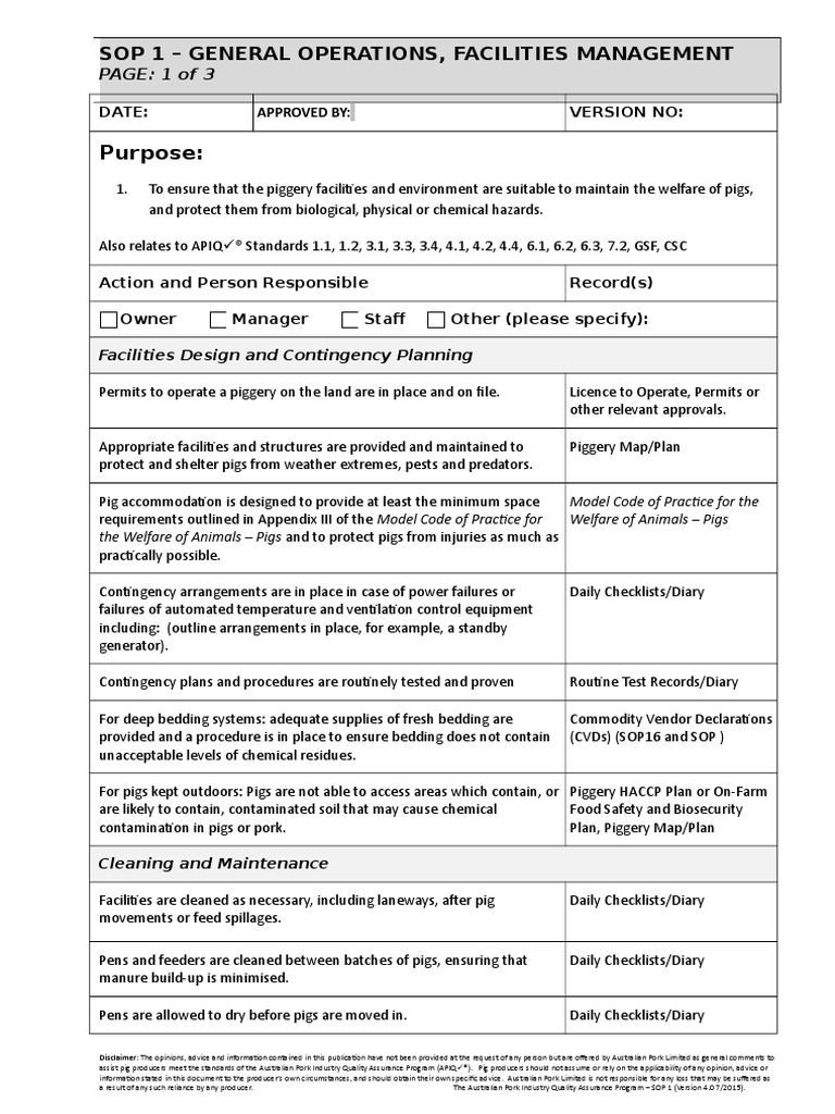 Purpose:: Sop 1 - General Operations, Facilities Management | PDF ...