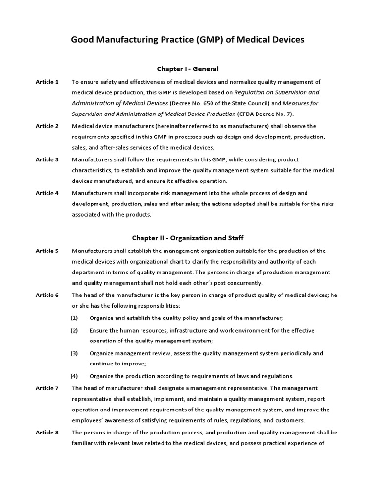 CFDA Good Manufacturing Practice (GMP) of Medical Devices | PDF ...