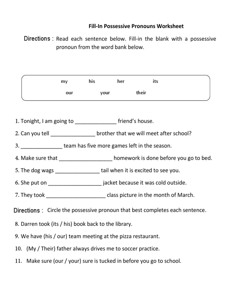 Fill-In Possessive Pronouns Worksheet: My His Her Its Our Your Their | PDF