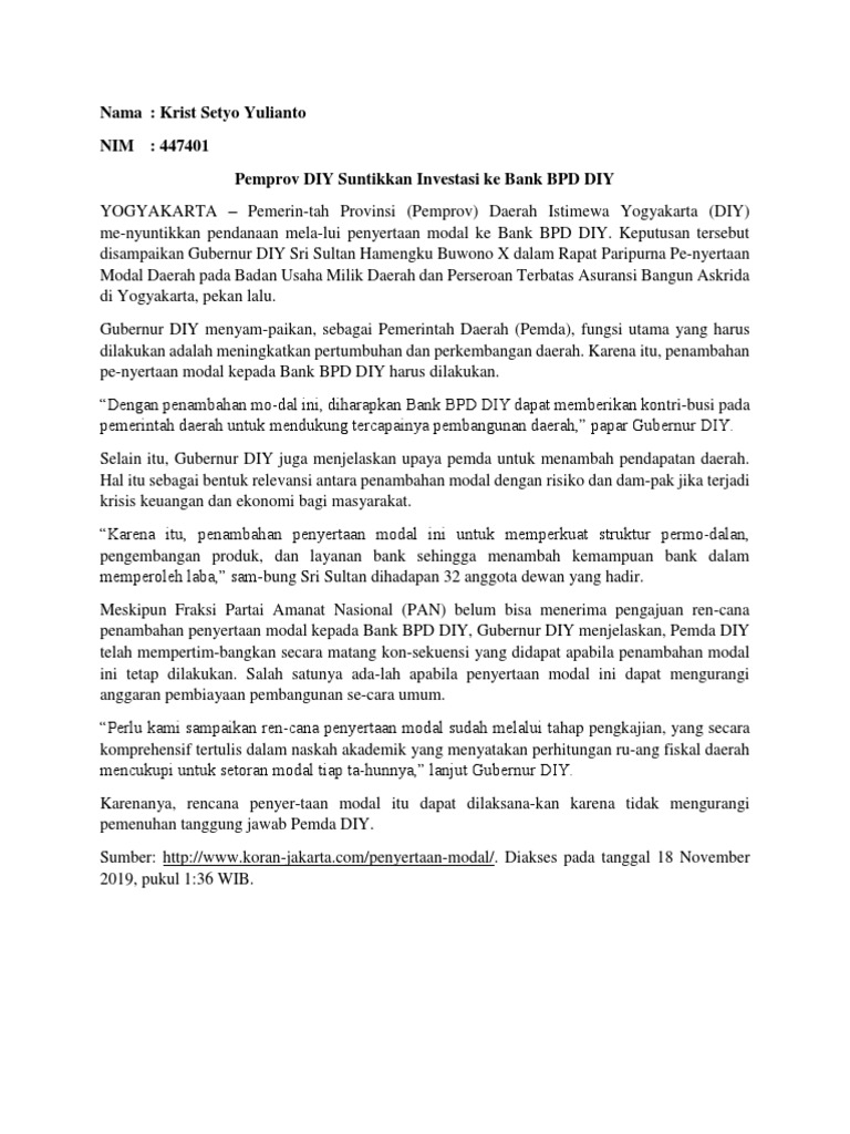 Investasi Pemprov DIY di Bank BPD DIY | PDF