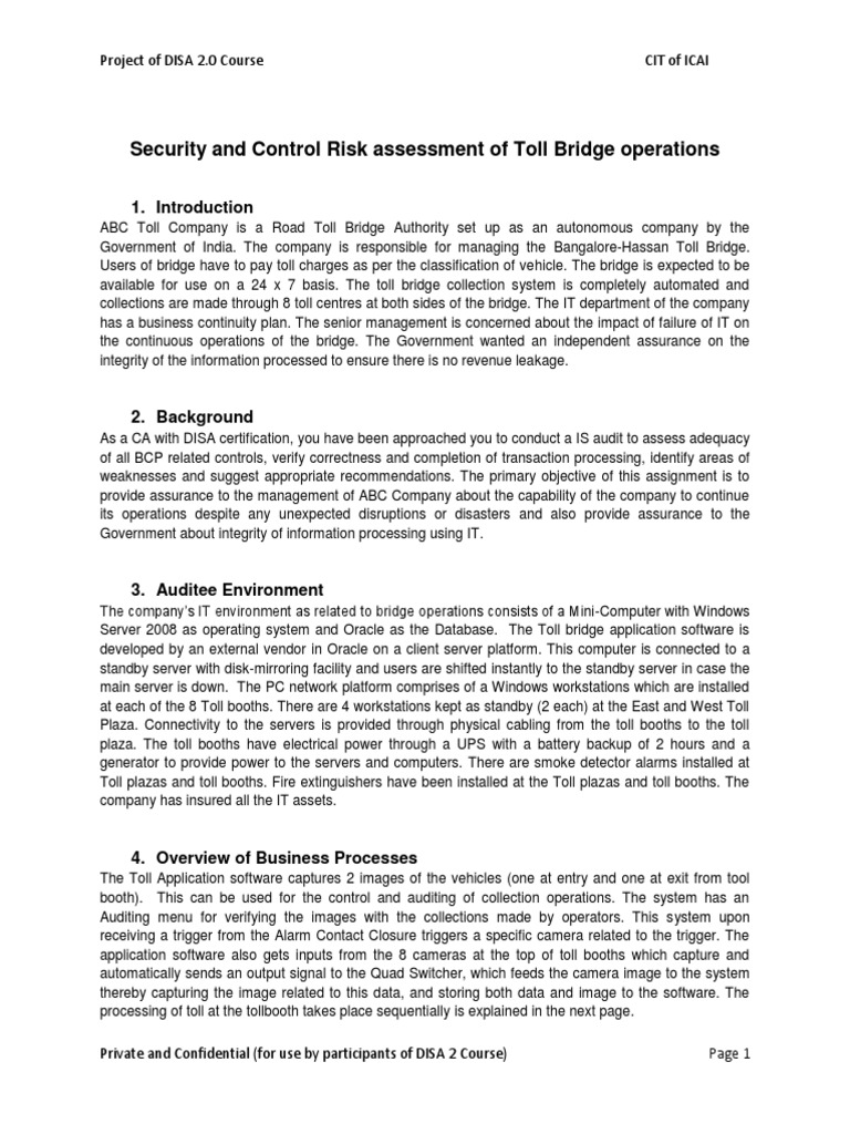 Security and Control Risk Assessment of Toll Bridge Operations | PDF ...