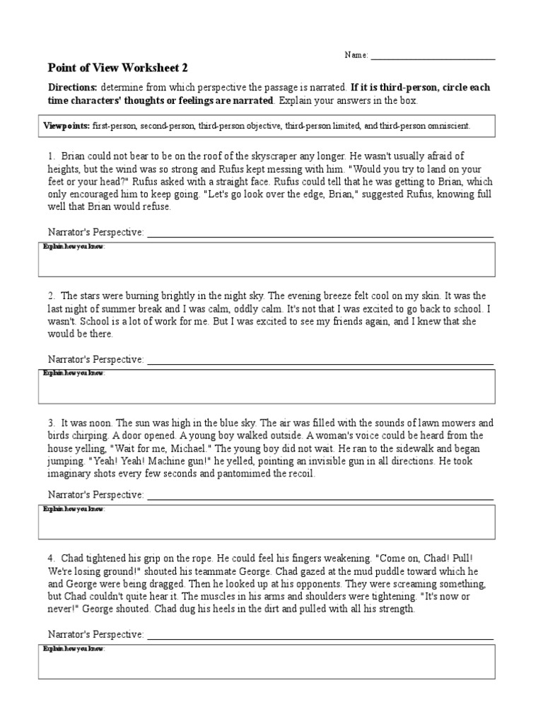 Point of View Worksheet 2 Activities | PDF | Narration
