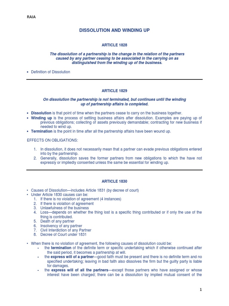 Dissolution and Winding Up: ARTICLE 1828 | PDF | Liquidation | Limited Partnership