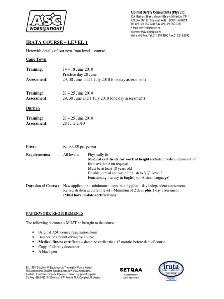 Herewith Details of Our Next Irata Level 1 Course | PDF | Personal ...