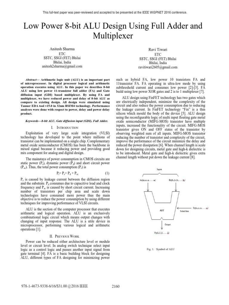 Low Power 8-Bit ALU Design Using Full Adder and Multiplexer: Anitesh ...