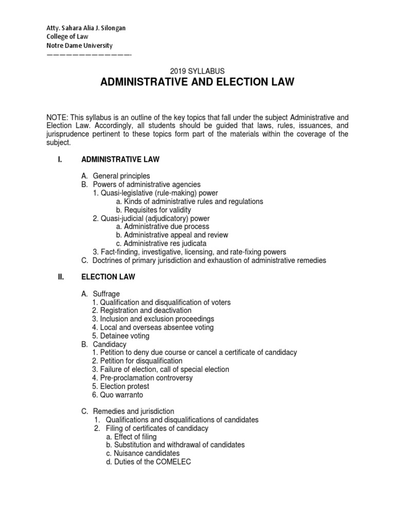 2019 Syllabus Admin and Election Law 2 | PDF