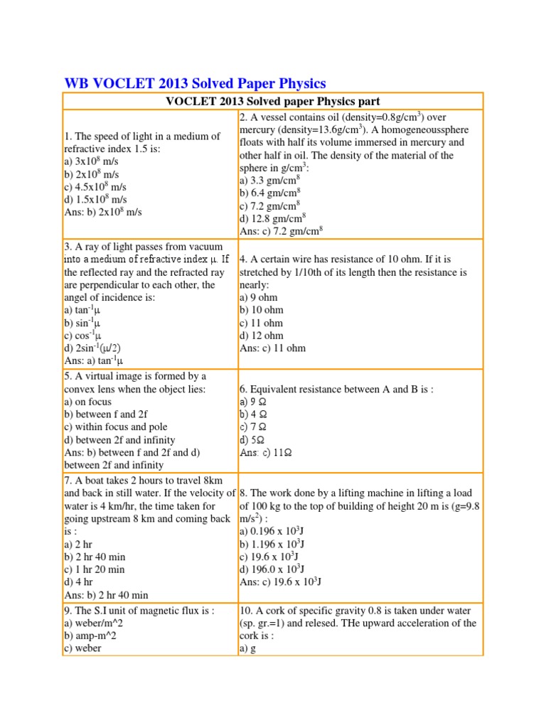 WB VOCLET 2013 Physics Solved Paper | PDF | Volt | Speed Of Light