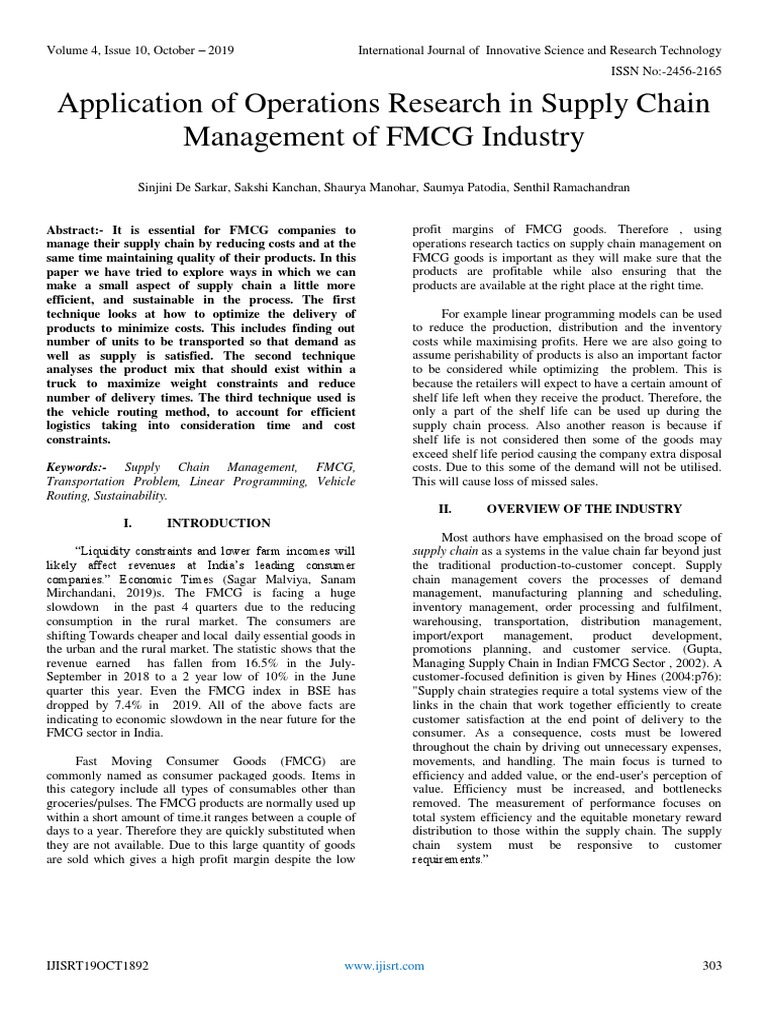 Application of Operations Research in Supply Chain Management of FMCG ...