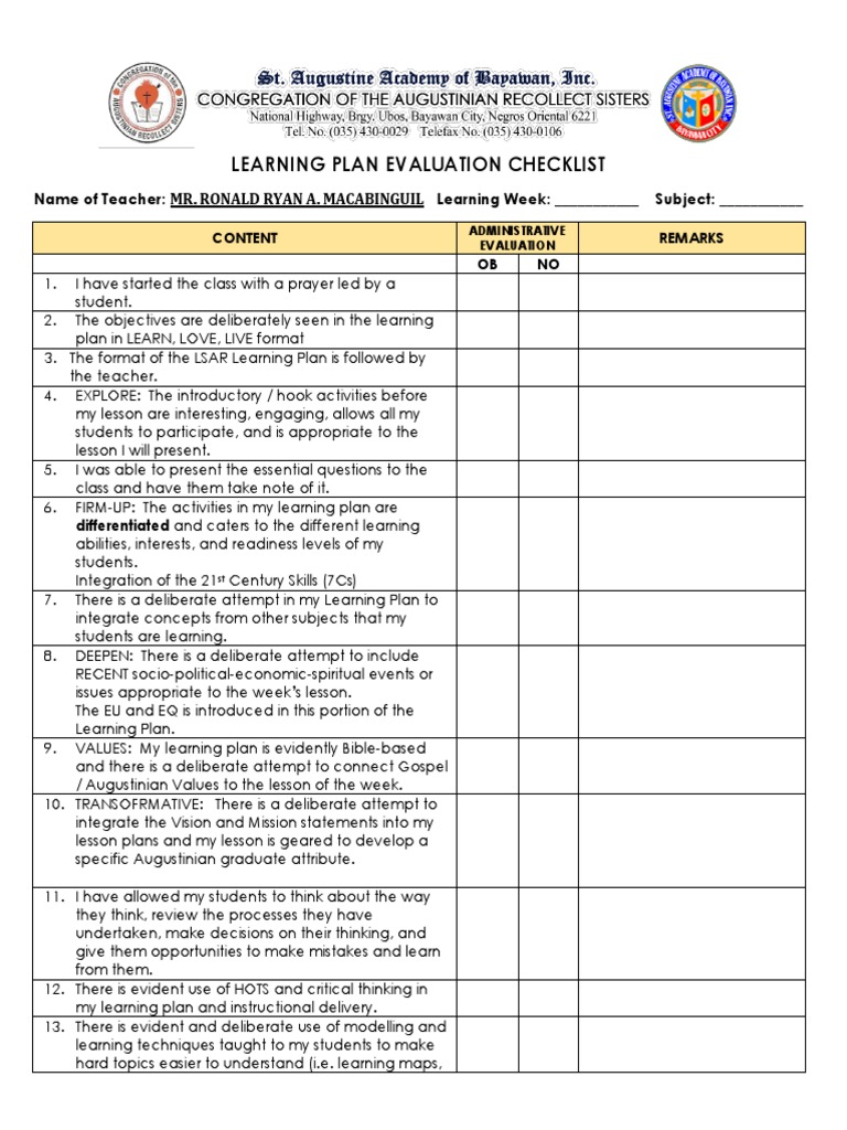 Learning Plan Feedback Checklist Short Version | PDF | Critical ...