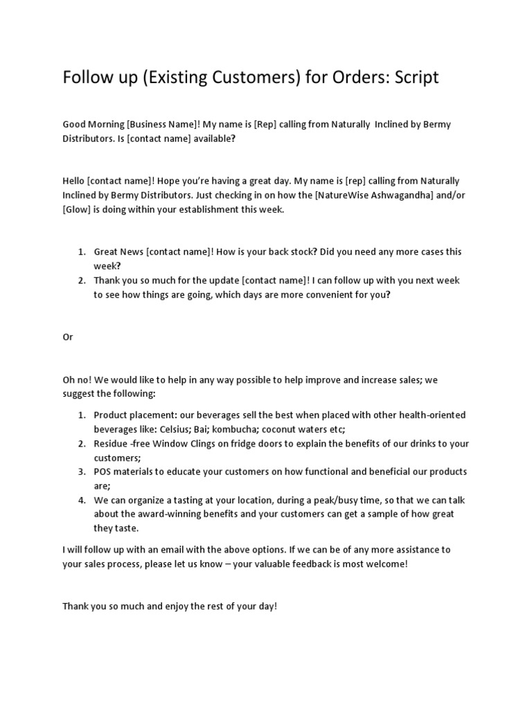 Follow Up (Existing Customers) For Orders: Script | PDF | Business