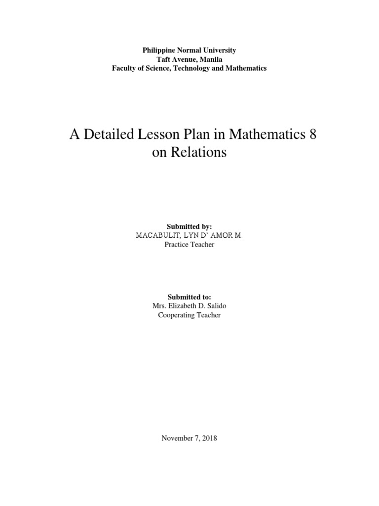 A Detailed Lesson Plan in Mathematics 8 On Relations | PDF | Function ...