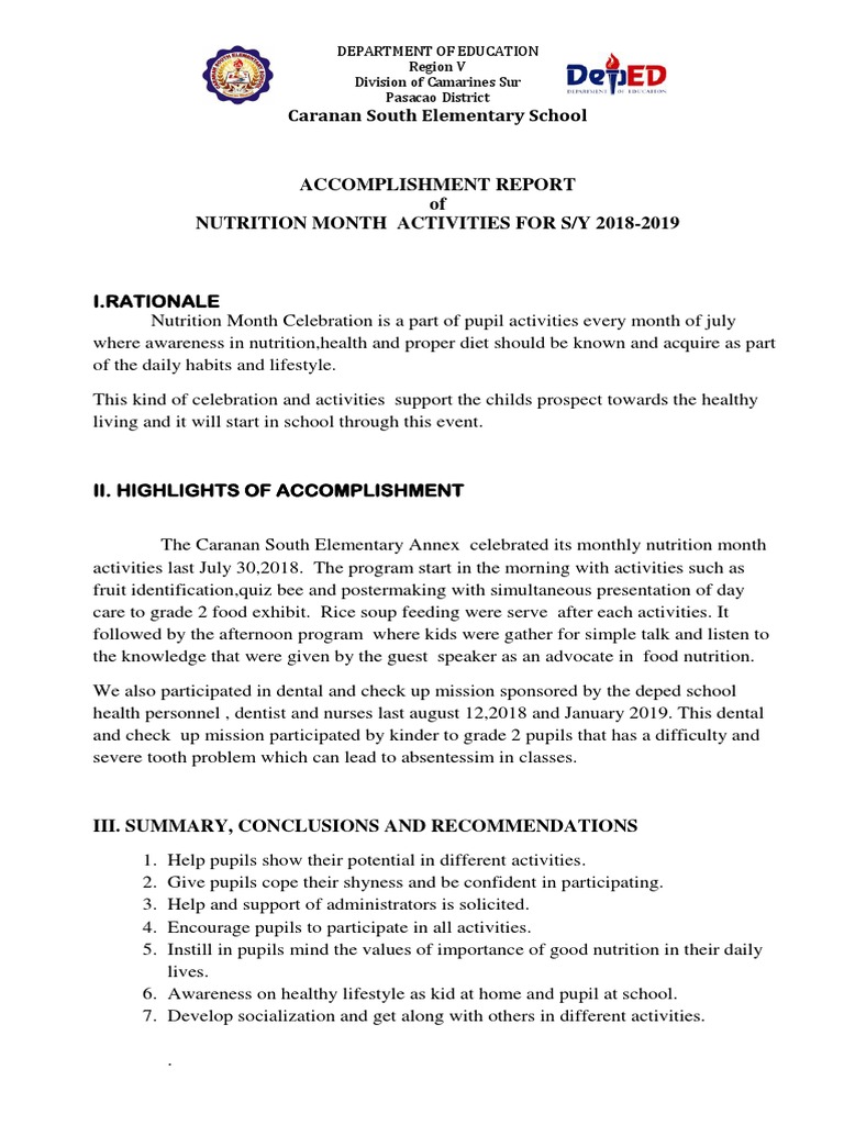 ACCOMPLISHMENT REPORT Nutrition 2018-19 | PDF | Nutrition | Diet ...