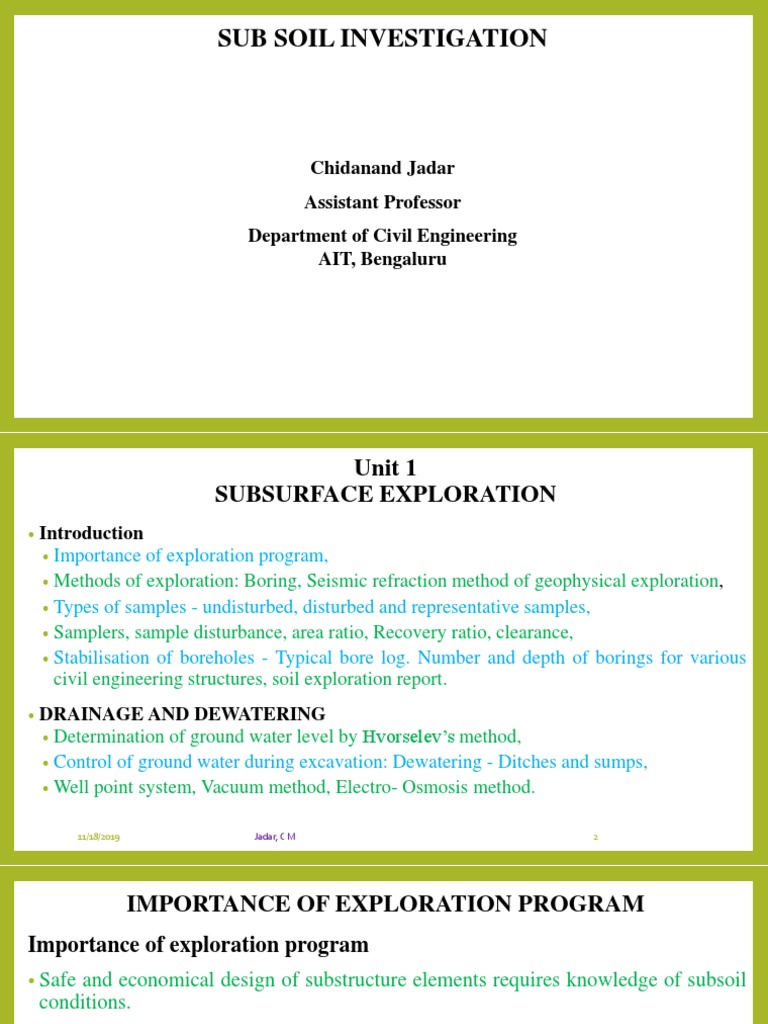 Sub Soil Investigation: Chidanand Jadar Assistant Professor Department ...