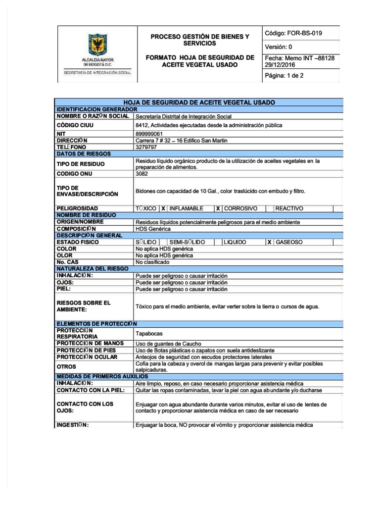 Formato Hoja de Seguridad de Aceite Vegetal Usado 1 PDF | PDF | Agua | Residuos