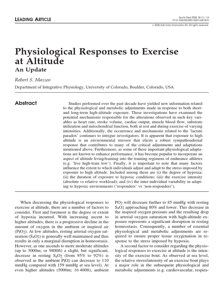 Physiological Responses To Exercise at Altitude: An Update | PDF ...