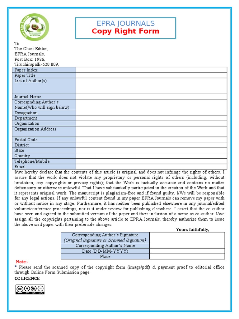 Copyright Transfer Form for the Submission of an Article to EPRA Journals | PDF