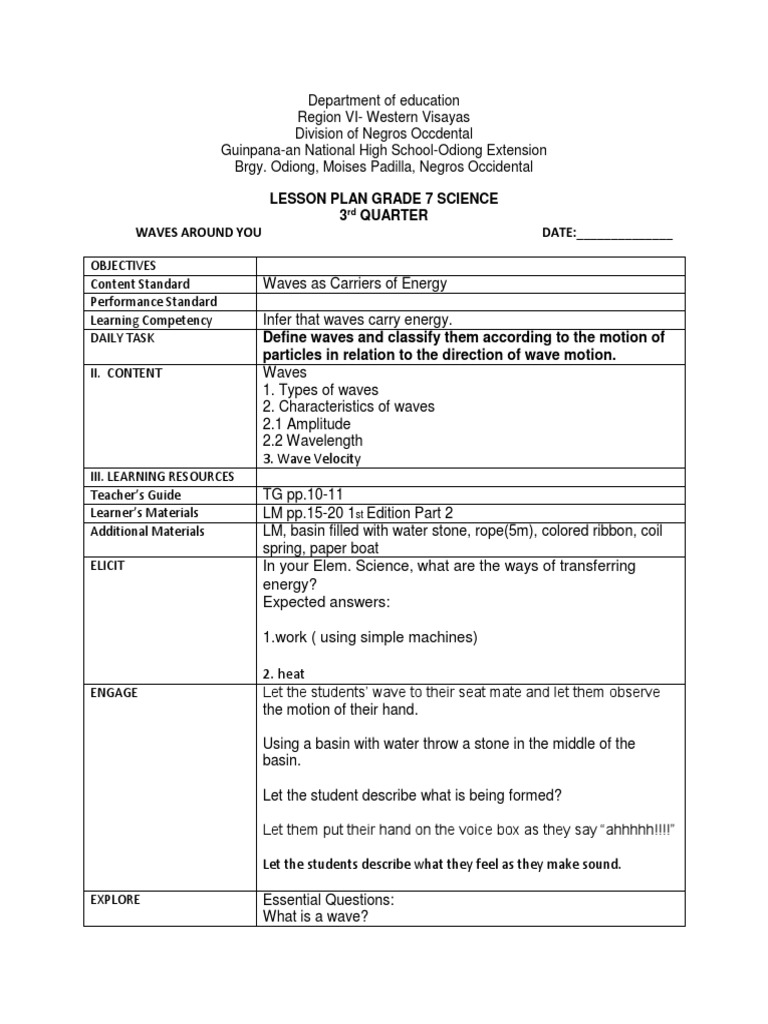 Lesson Plan Grade 7 Science 3 Quarter Waves Around You DATE | PDF ...