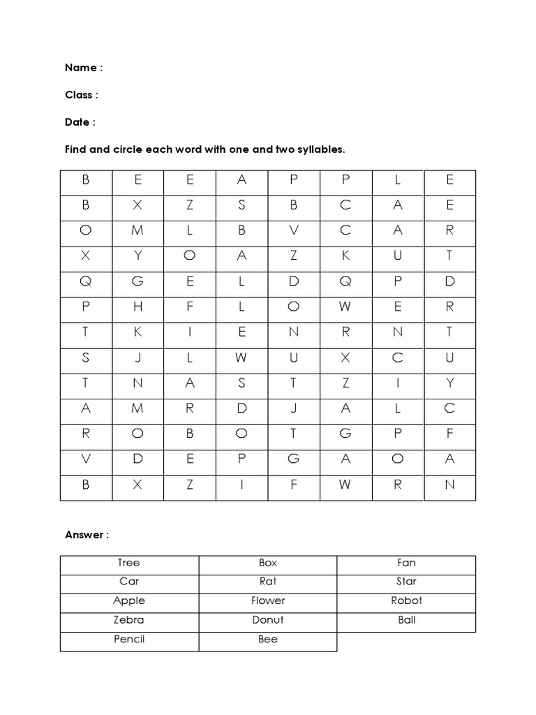 Name: Class: Date: Find and Circle Each Word With One and Two Syllables ...