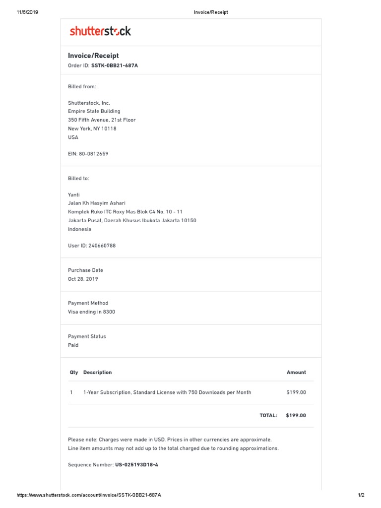 Shutterstock Invoice for 1-Year Standard Subscription with 750 Monthly ...