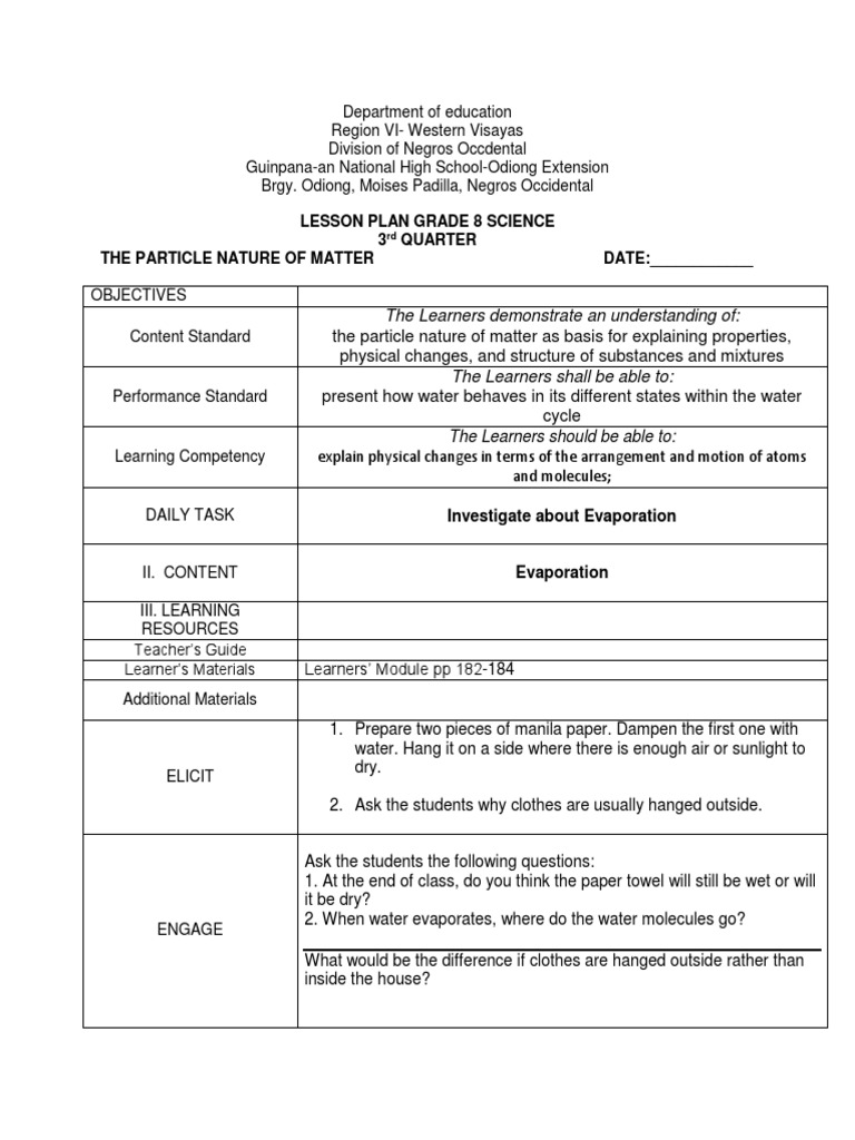 Lesson Plan Grade 8 Science 3 Quarter The Particle Nature of Matter ...