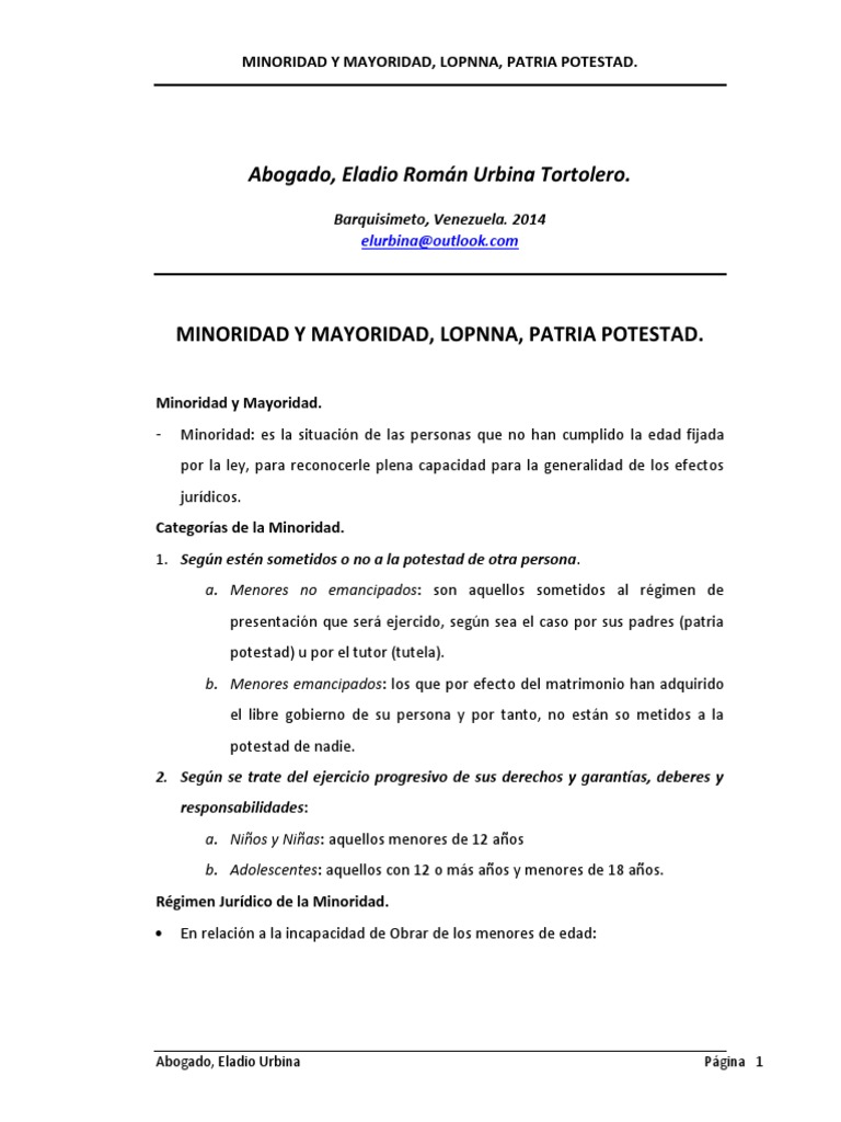 Minoridad y Mayoridad, Lopnna, Patria Potestad | PDF | Menor (ley ...