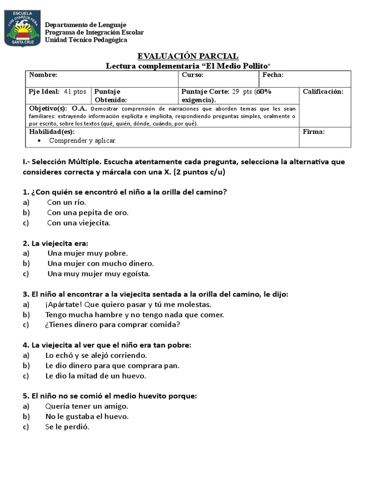 Evaluación parcial sobre la comprensión lectora de la narración "El ...