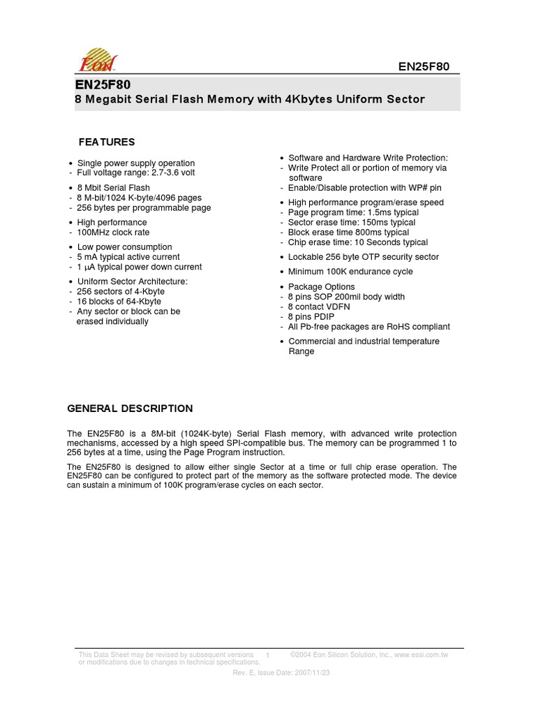 EN25F80 8 Megabit Serial Flash Memory With 4kbytes Uniform Sector | PDF ...