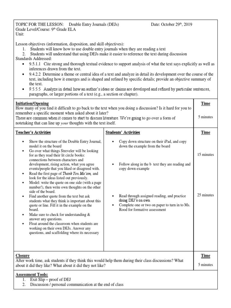 Double Entry Journal Lesson | PDF | Teaching | Behavior Modification