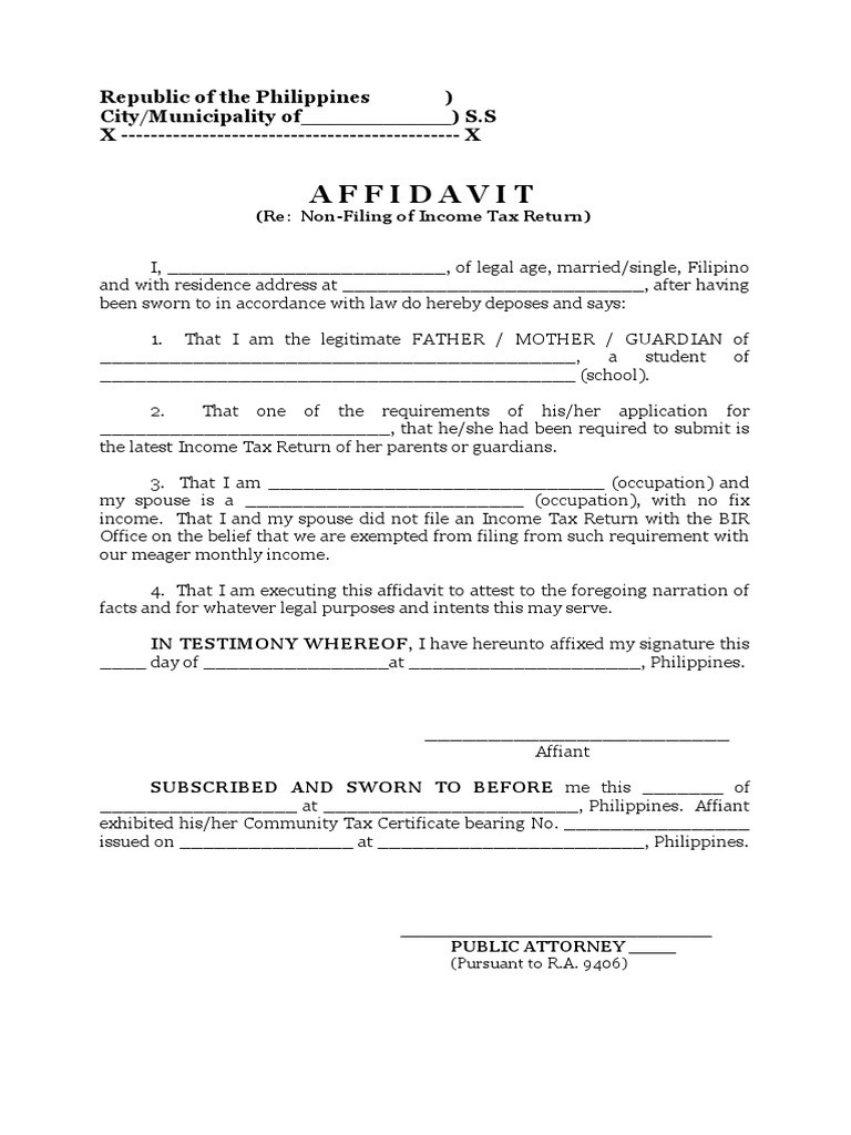 Sample-Affidavit (Non-Filing of Income Tax Return | PDF | Business ...