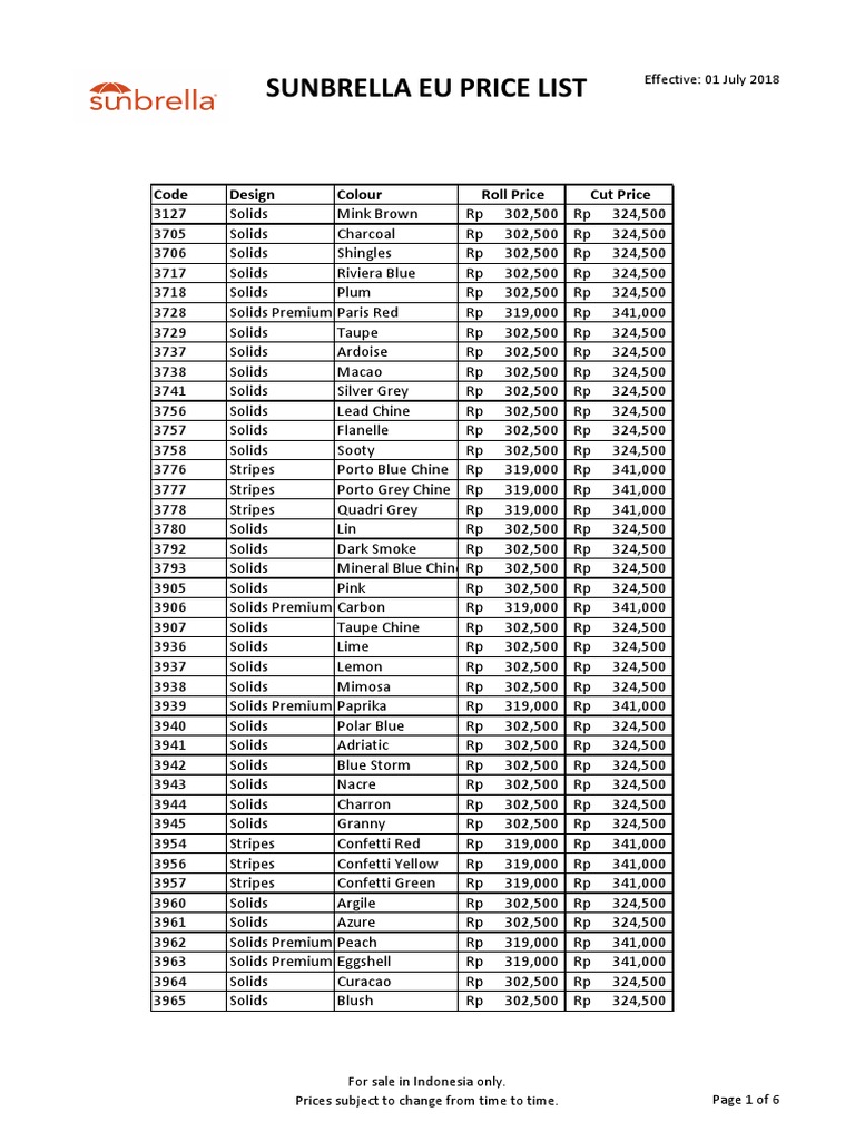 Sunbrella Euro Price List (17.07.18) - 2 PDF | Download Free PDF | Art ...