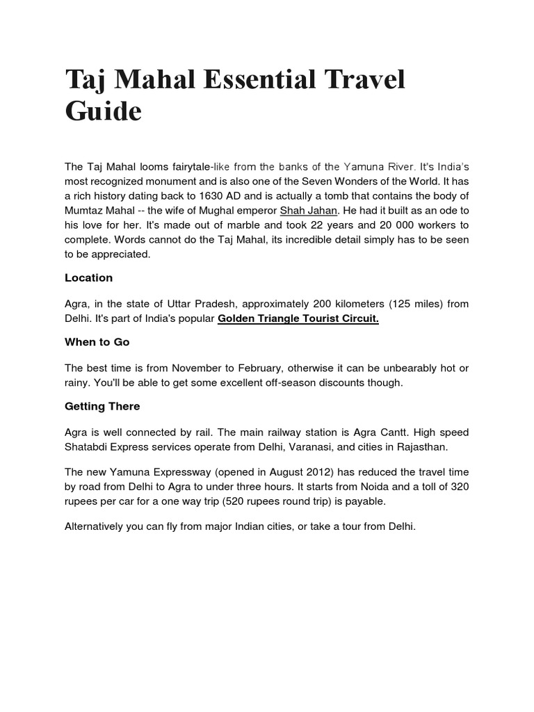 Taj Mahal Essential Travel Guide | PDF