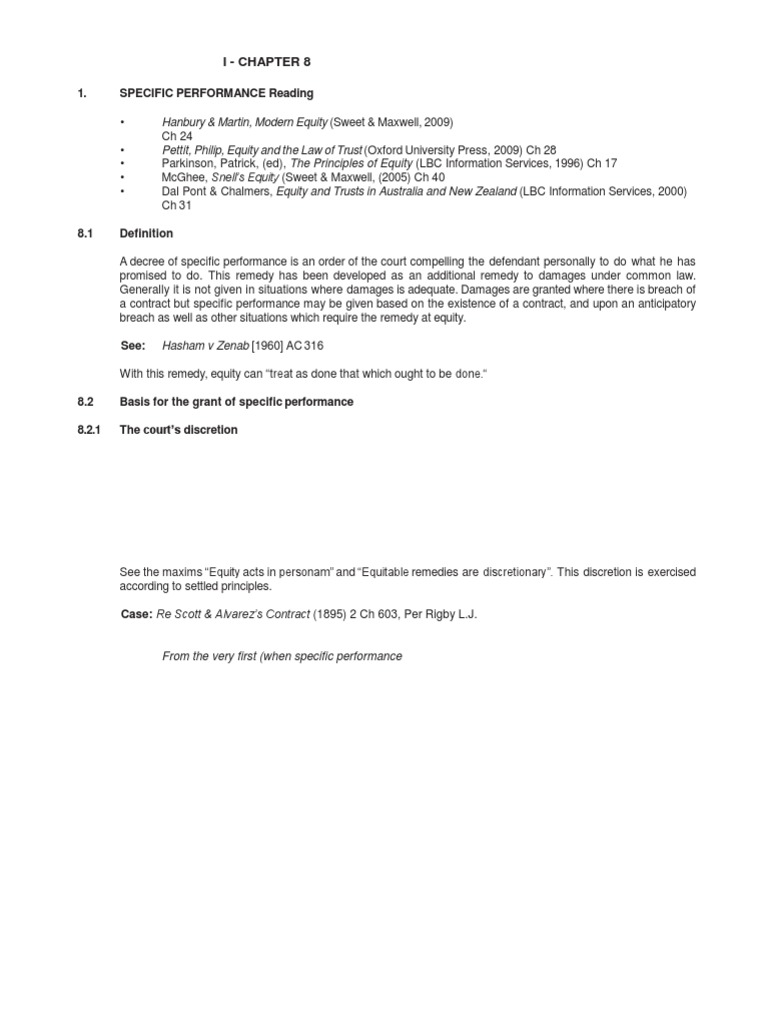 Specific Performance of Contracts | PDF | Specific Performance | Equity ...