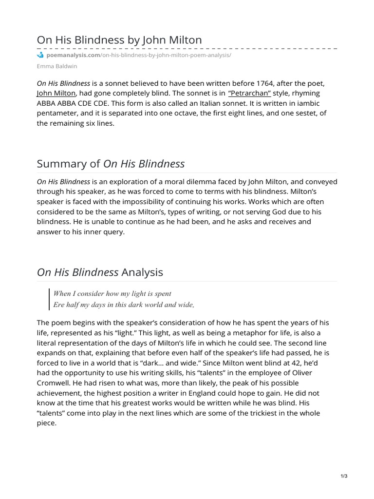 On His Blindness by John Milton | PDF | Sonnets | John Milton
