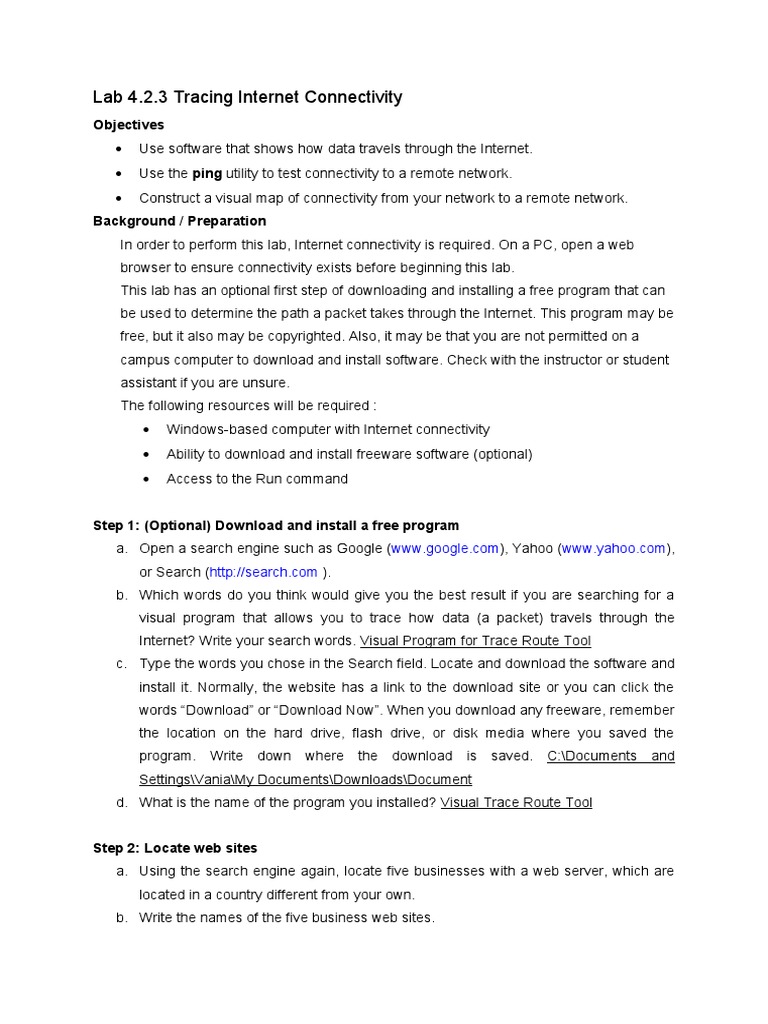 Lab 4.2.3 Tracing Internet Connectivity: Objectives | PDF | Internet | Computer Network