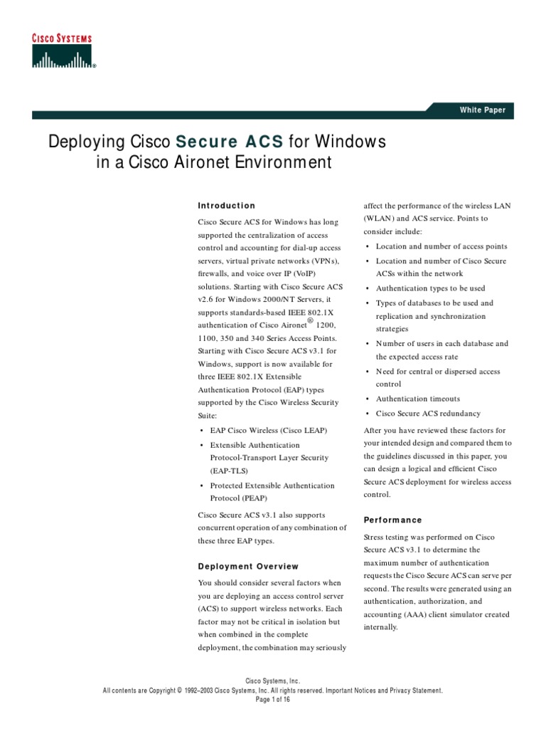 Cisco Secure ACS | PDF | Radius | Wireless Access Point