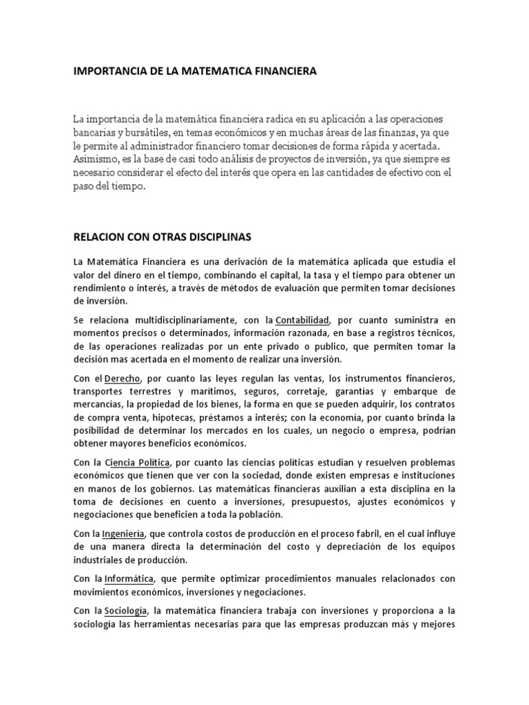 Importancia de la Matemática Financiera | PDF | Finanzas Matemáticas ...