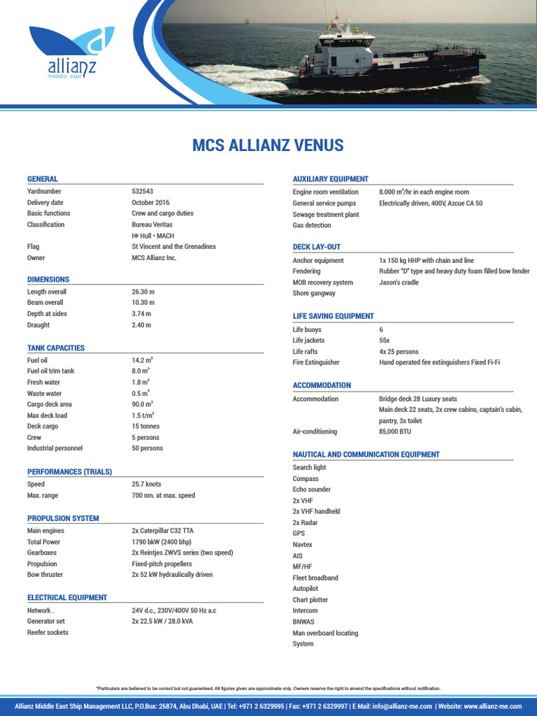 Technical Specifications and Capabilities of the MCS ALLIANZ VENUS ...