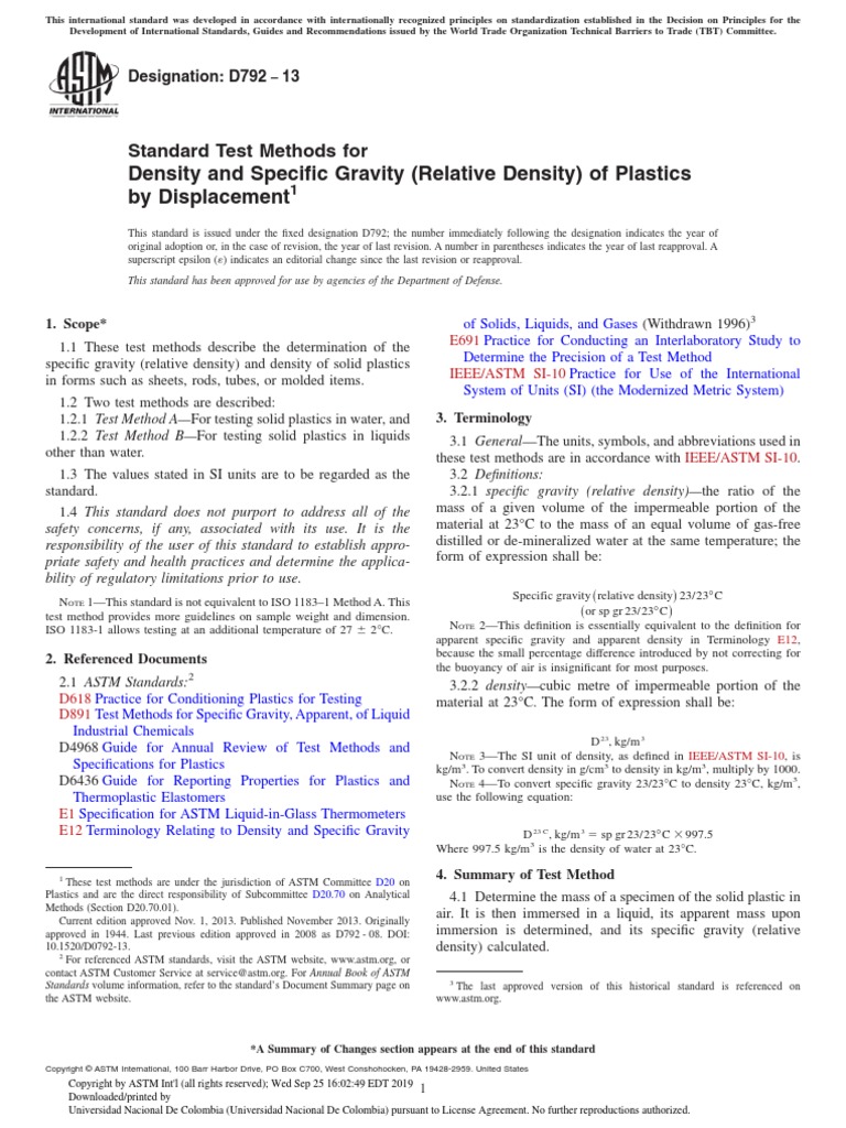 ASTM D792 Densidad y Peso Específico | PDF | Density | Weight