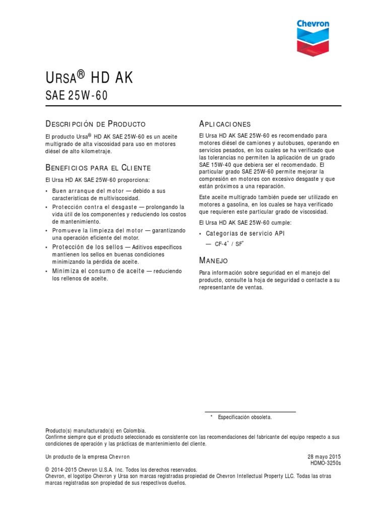 Chevron Ursa 25W-60 | PDF | Motor diesel | Energía y recursos